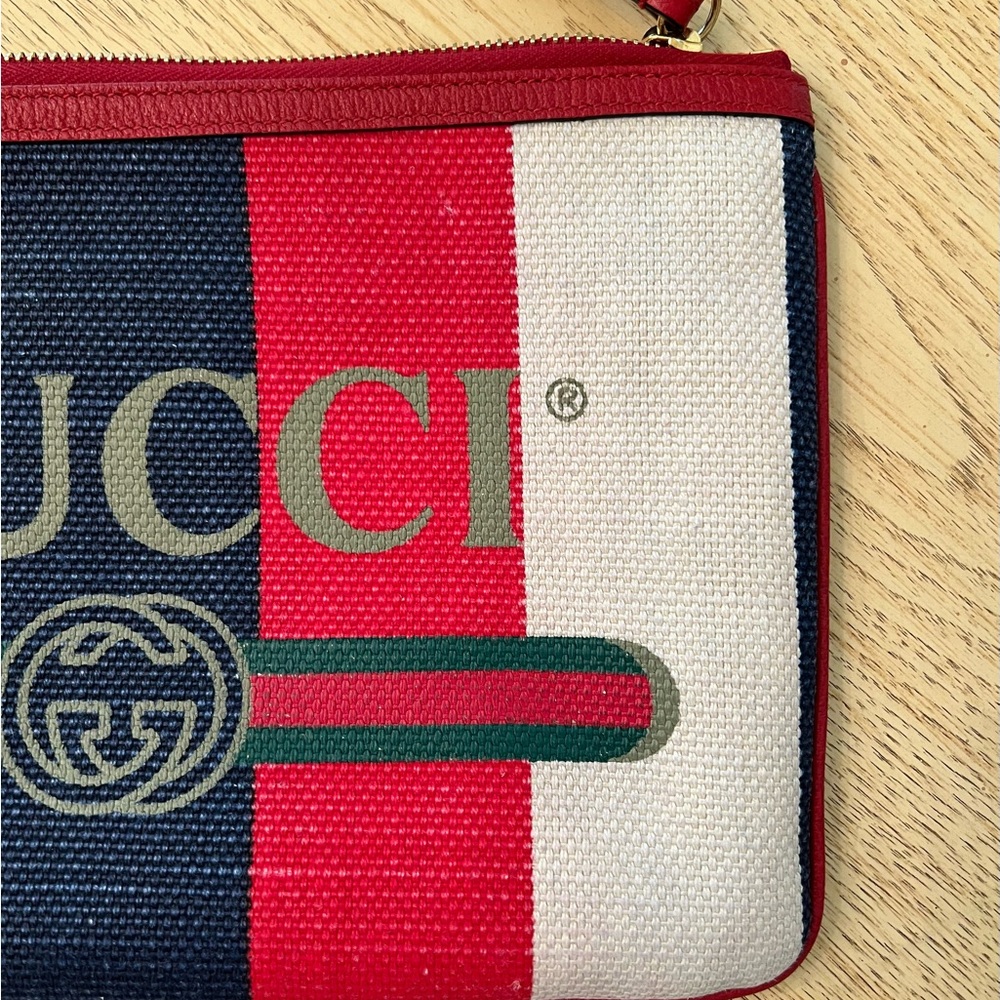 Authentic Gucci Sylvie Striped Canvas Pouch / Clutch - Gem